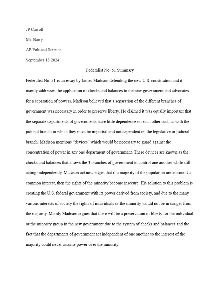 Federalist 51 Summary | PDF