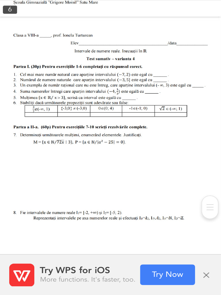 m1 Test1 Intervale Inecuatii 4var 2 | PDF