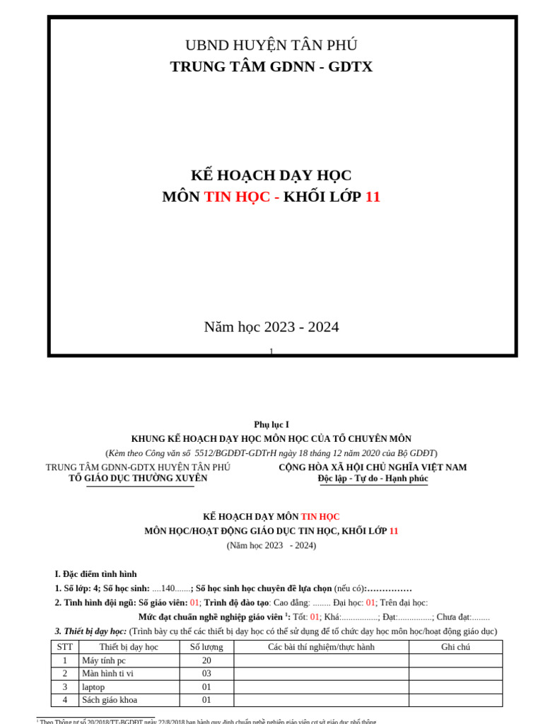 Ke Hoach Day Hoc Mon Tin Hoc 11 Ict KNTTCS | PDF