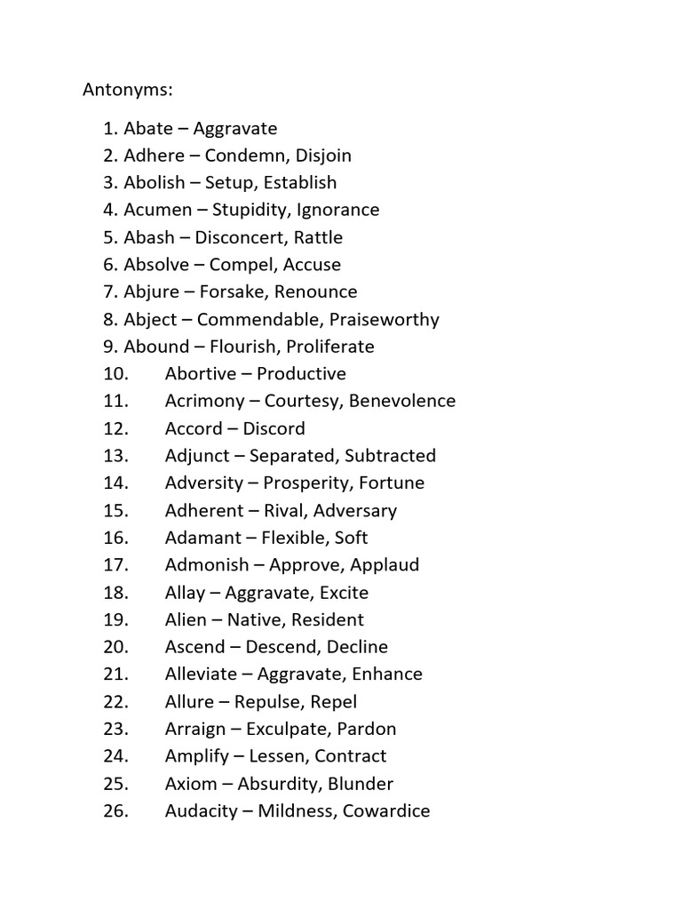 Antonyms List for Vocabulary Enhancement | PDF