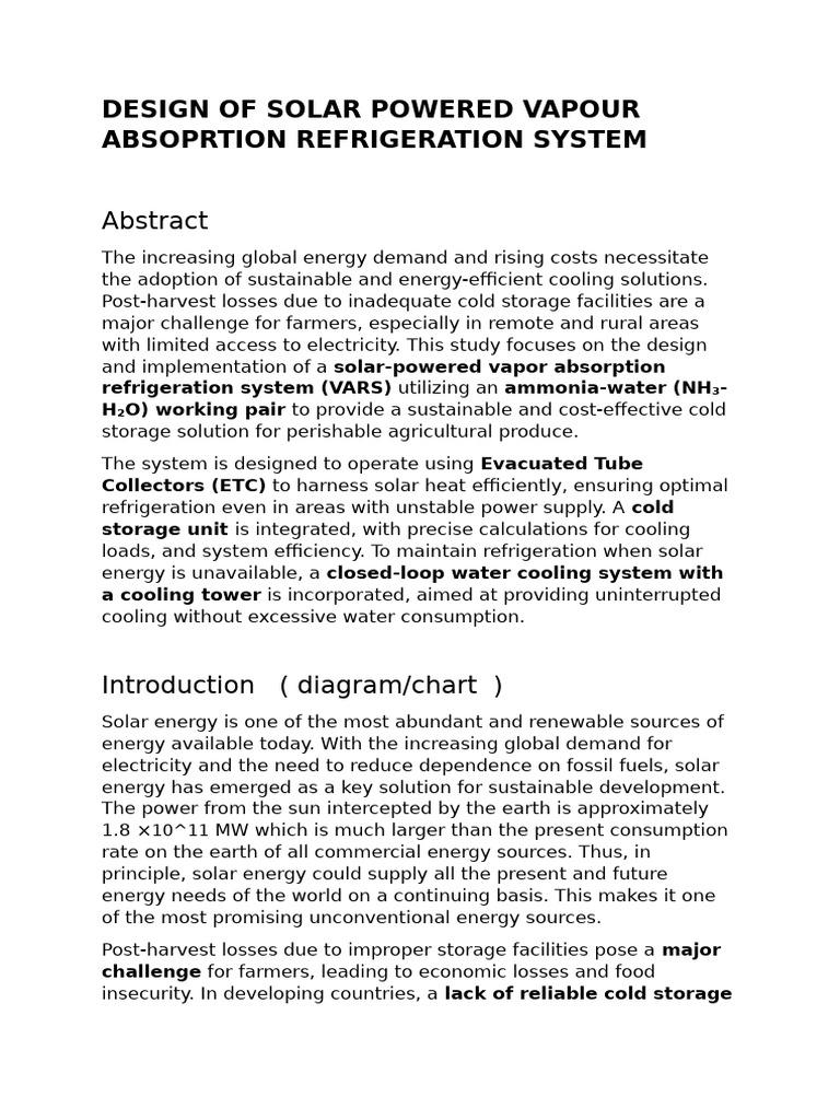 Design of Solar Powered Vapour Absoprtion Refrigeration System | PDF ...