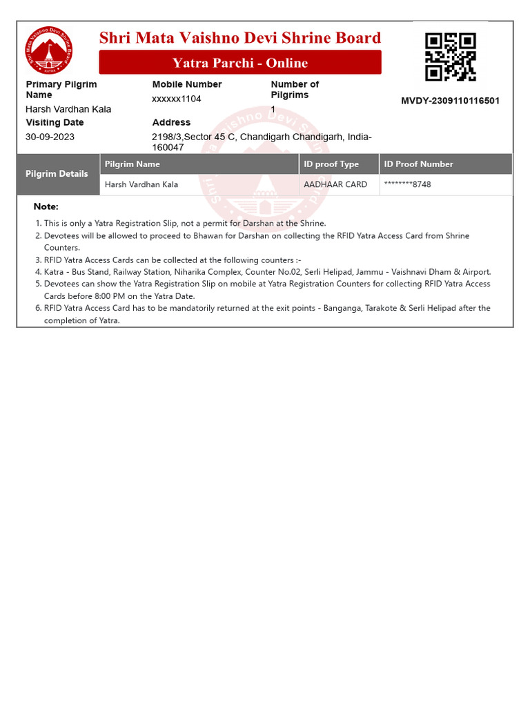 Shri Mata Vaishno Devi Shrine Board - Yatra Parchi | PDF