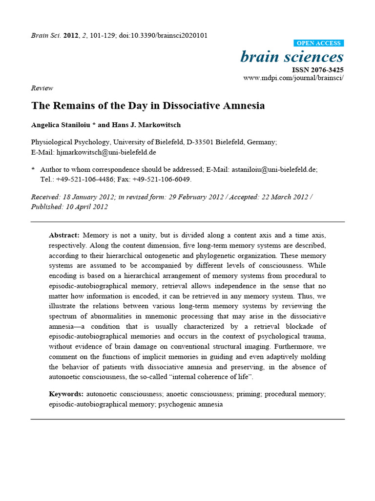 (Artigo) Remains of The Day in Dissociative Amnesia (Markowitch, 2012) | PDF | Amnesia | Memory