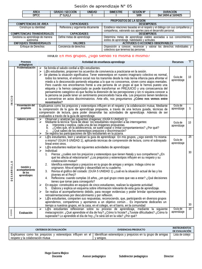 SESIÓN 5 UNIDAD 1 DPCC 2° HUGO | PDF | Aprendizaje | Estereotipos