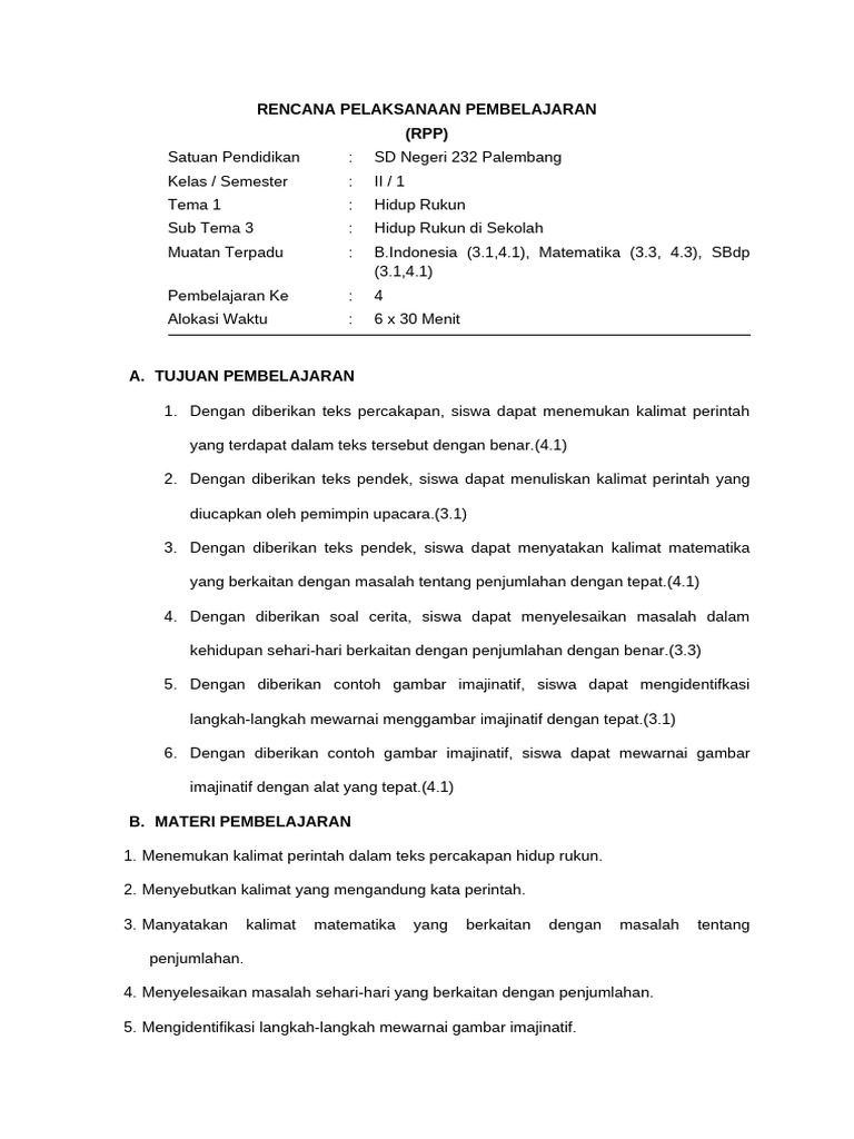 RPP Kelas 2 Tema 1 Sub 3 Pem 4 | PDF