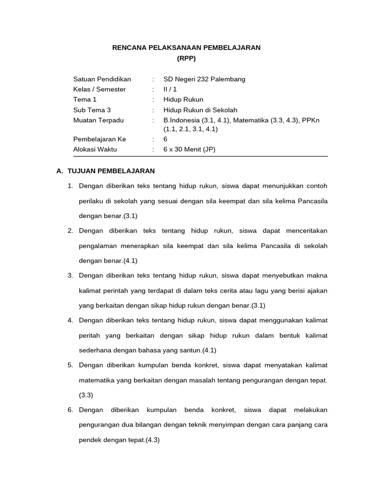 RPP Kelas 2 Tema 1 Sub 3 Pem 6 | PDF