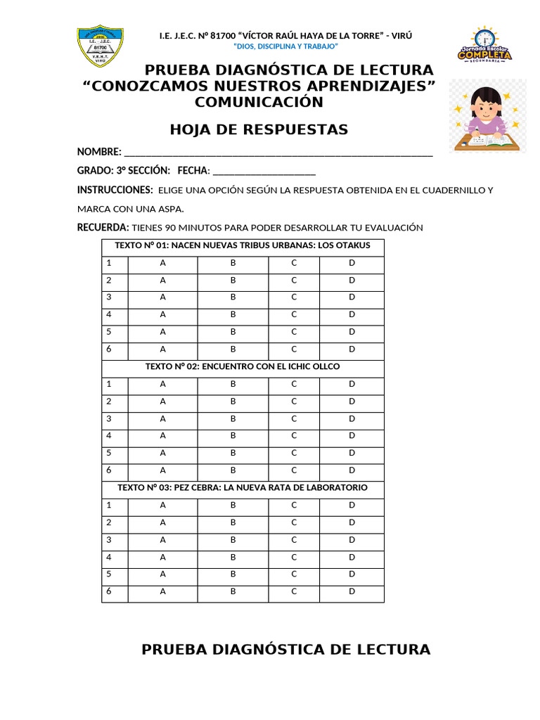 Hoja de Respuesta Ev - Diagnóstica Tercero | PDF