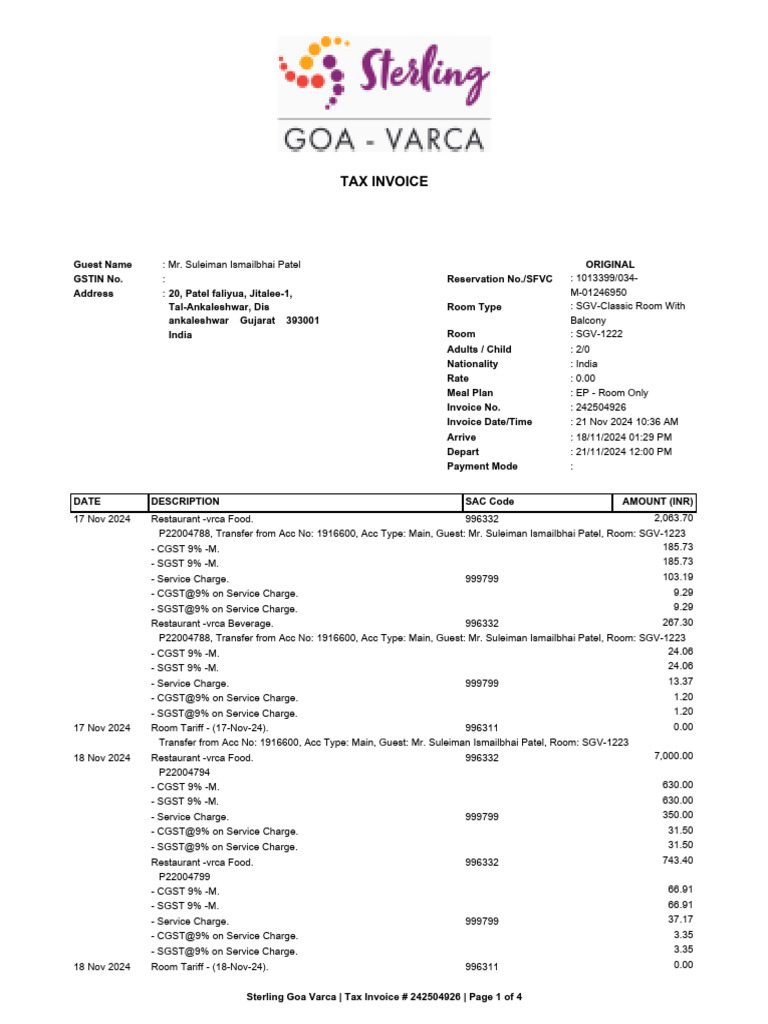 Tax Invoice for Hotel Stay in Goa | PDF | Fee | Services (Economics)