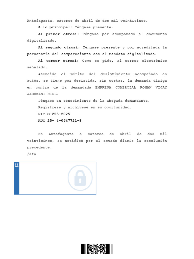 Labrador Con Empresa Comercial Rohan Vijay Hadwani EIRL, O-225-2025, 2° Juzgado de Letras Del ...