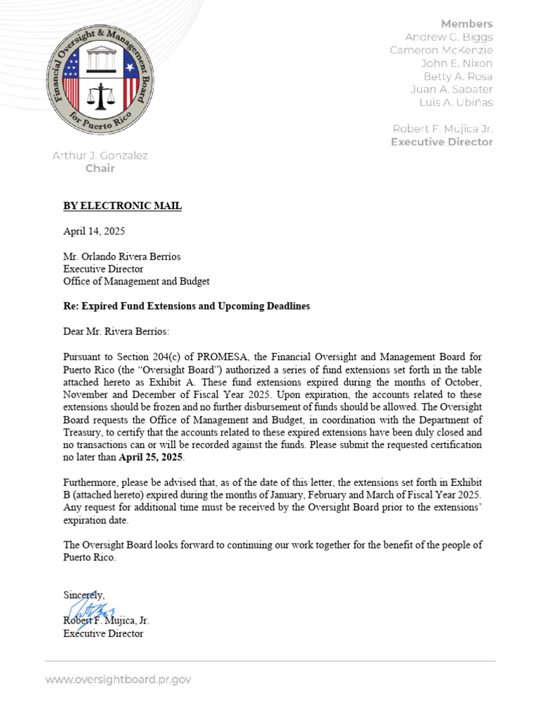 FOMB - Letter - OMB - Fund Extensions Q2 FY25 - April 14, 2025 | PDF ...