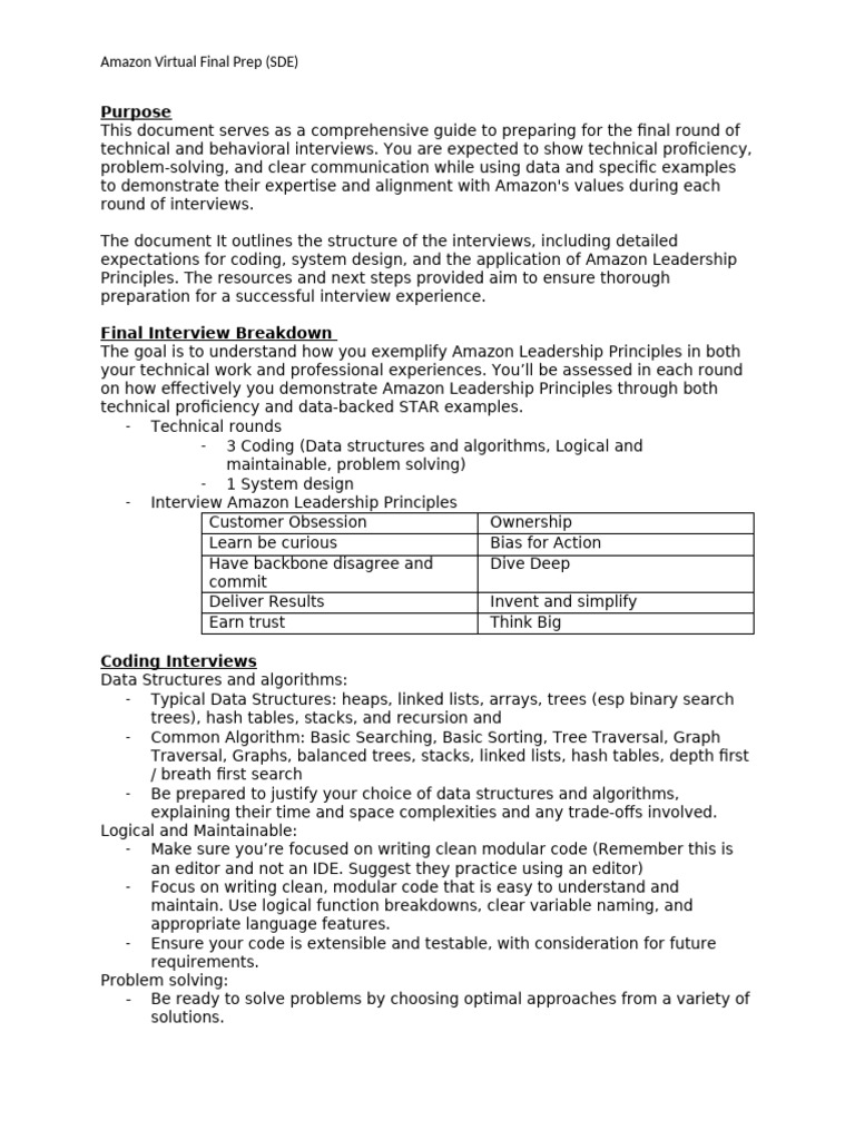 Purpose: Amazon Virtual Final Prep (SDE) | PDF | Computer Programming | Algorithms And Data ...