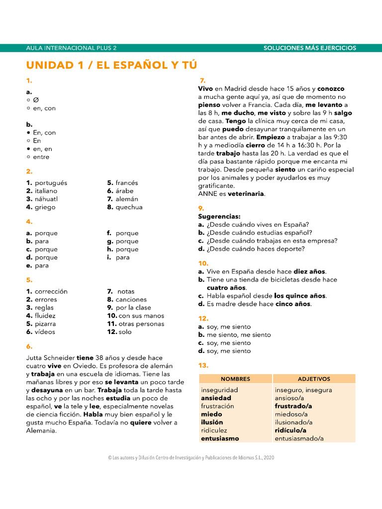 Solucion Unidad 1 Aula Plus 4 | PDF