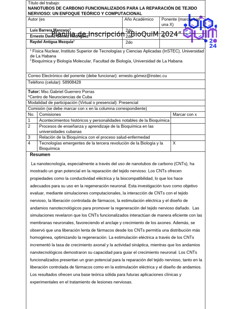 Planilla de Inscripción BioQuiM 2024 | PDF | Neurona | Neurociencia