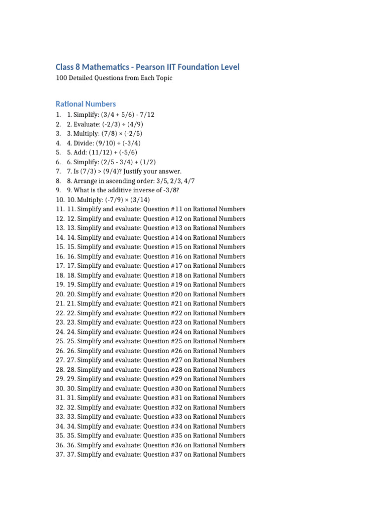 Class 8 Maths: 100 Questions on Rational Numbers | PDF | Number Theory ...
