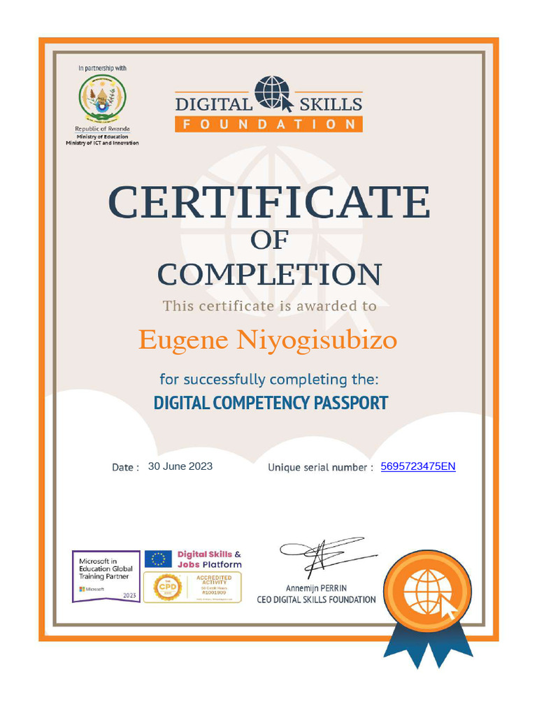 Digital Competency Passport Certificate For EUGENE NIYOGISUBIZO | PDF