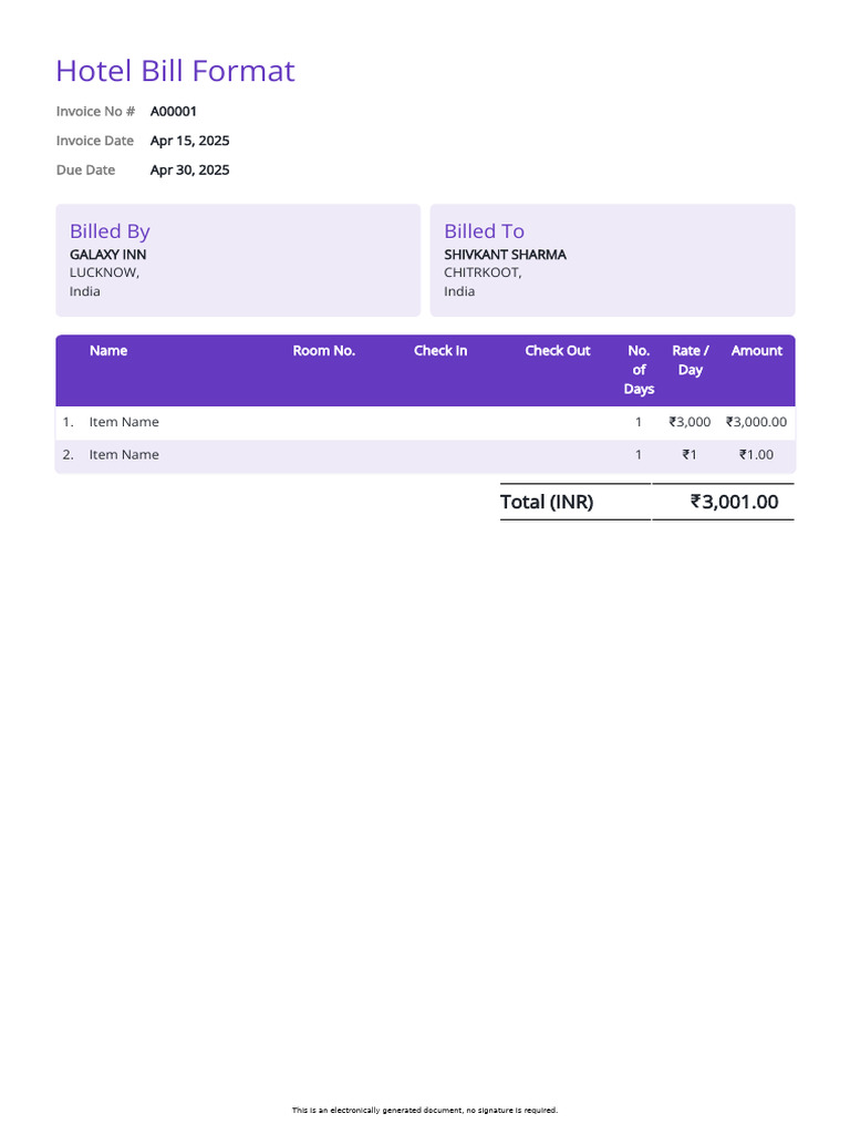 Invoice A00001 Galaxy Inn Shivkant Sharma | PDF
