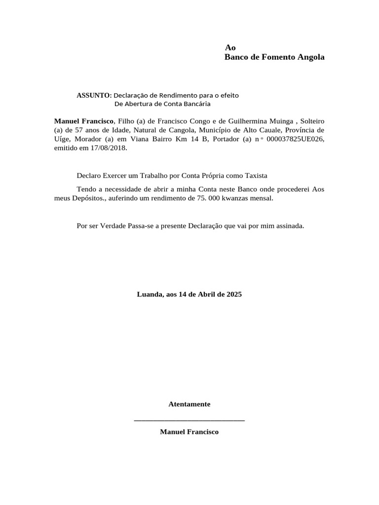 Declaração de Rendimento para Banco | PDF