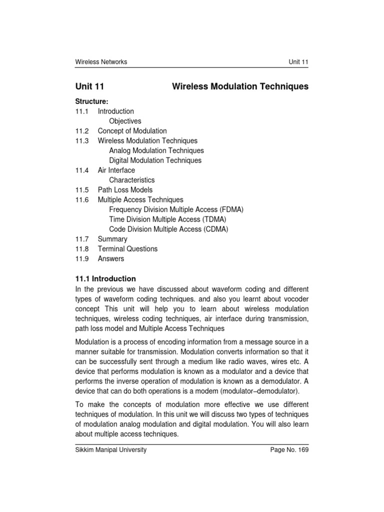 Unit 11 Wireless Modulation Techniques | PDF | Modulation | Channel Access Method