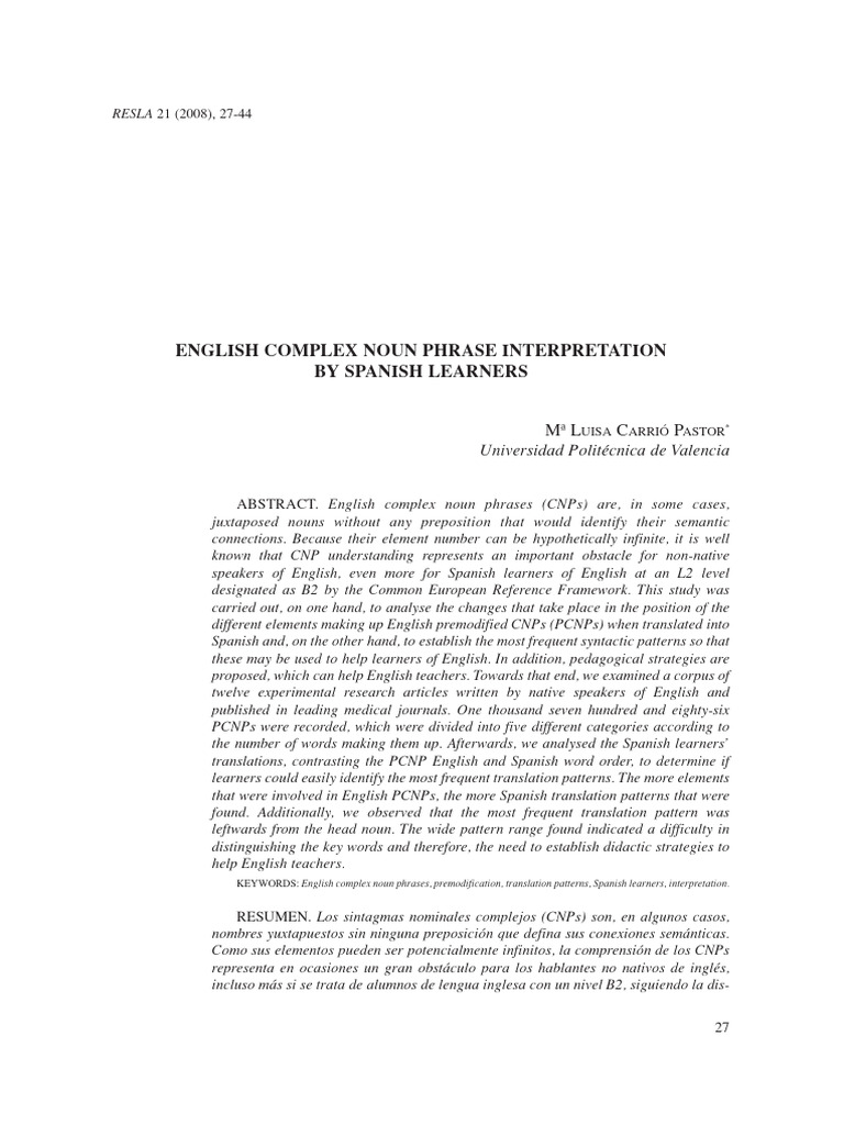 English Complex Noun Phrase Interpretation by Spanish Learners | PDF ...