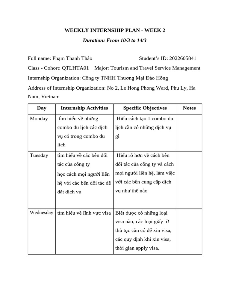 Weekly Internship Plan - Week 1 | PDF