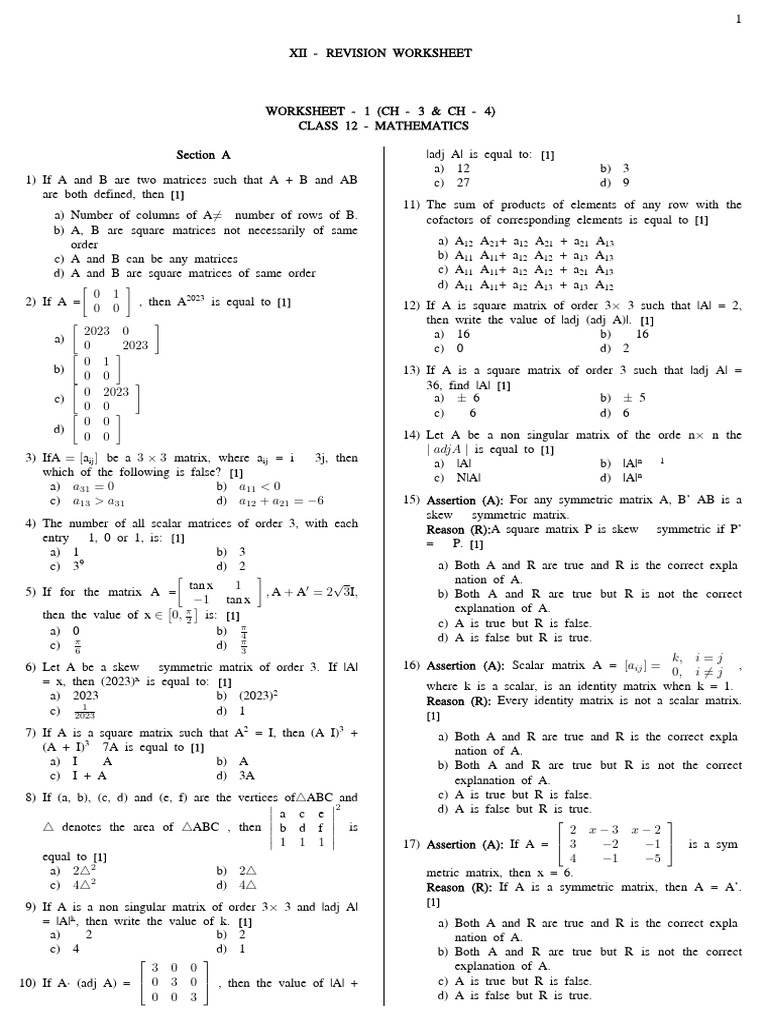XII-WORKSHEET-Part 2-QP (CH-3,4 | PDF | Matrix (Mathematics) | Determinant