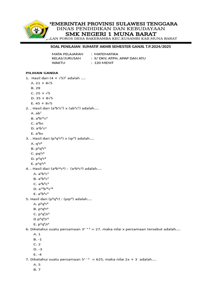 Soal Matematika Kelas X DKV Dan X Gabungan | PDF