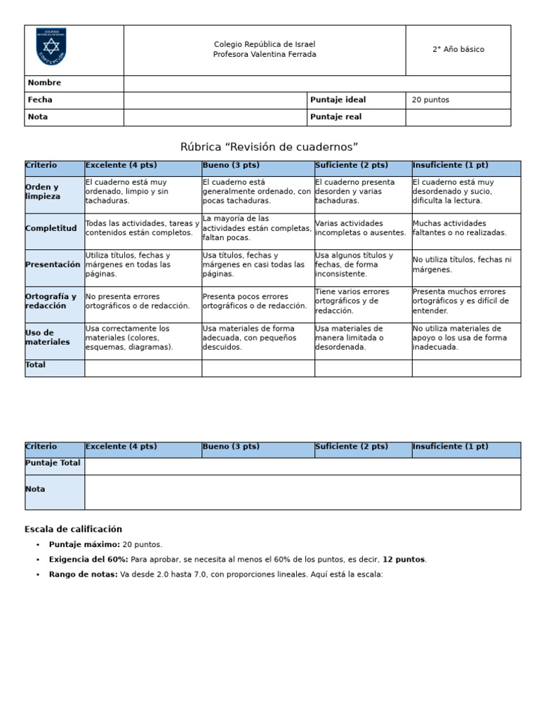 Rúbrica de Evaluación de Cuadernos | PDF