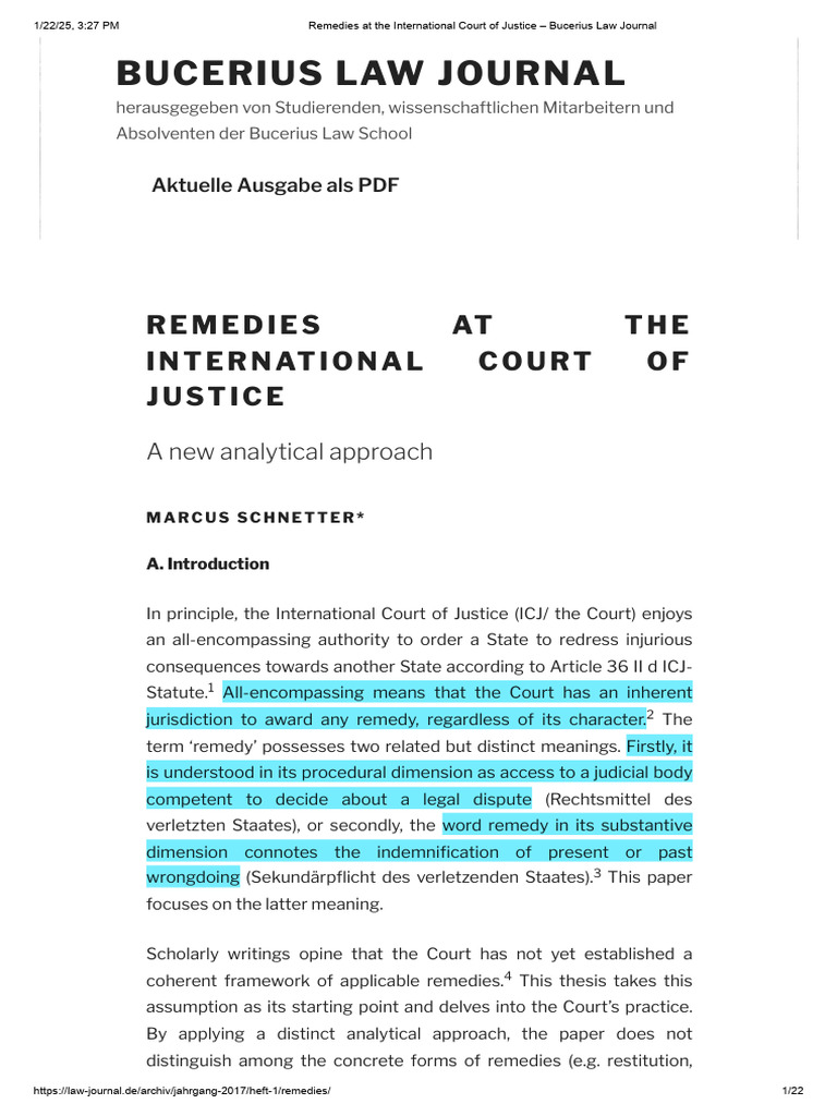 Remedies at The International Court of Justice - Bucerius Law Journal ...