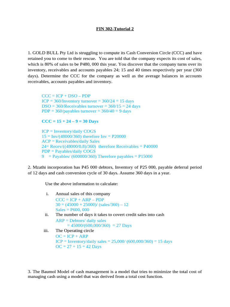 FIN 302 Tutorial 2 With Solutions | PDF | Inventory | Cash
