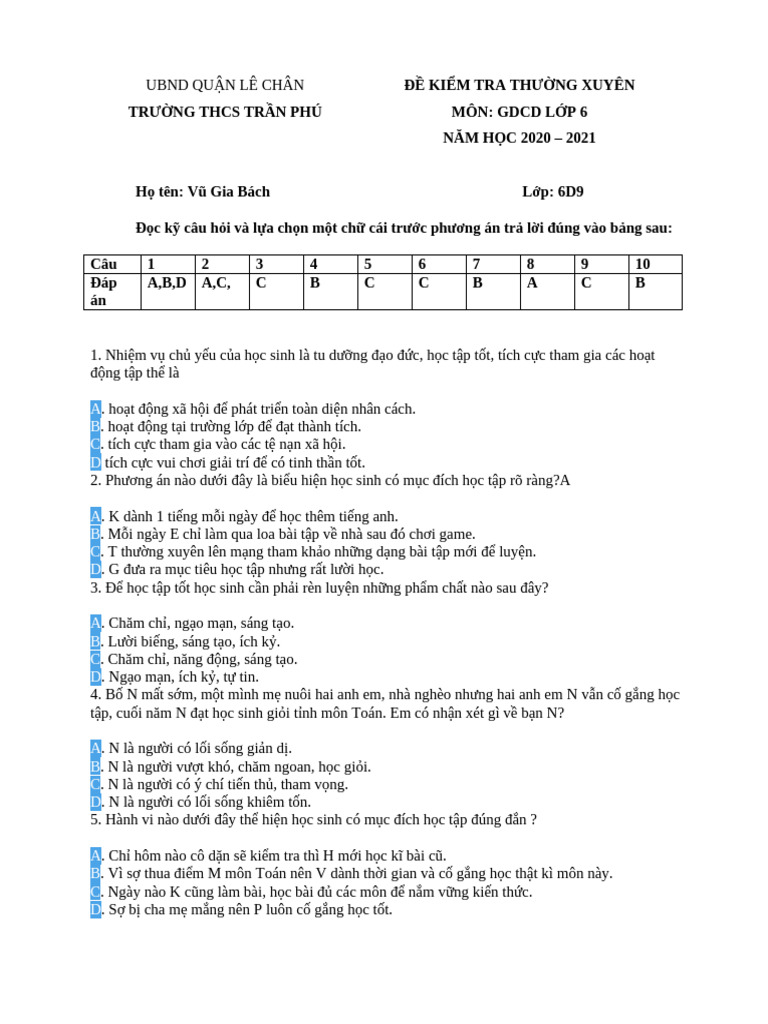 Đề Kiểm Tra 15' GDCD Lớp 6 | PDF