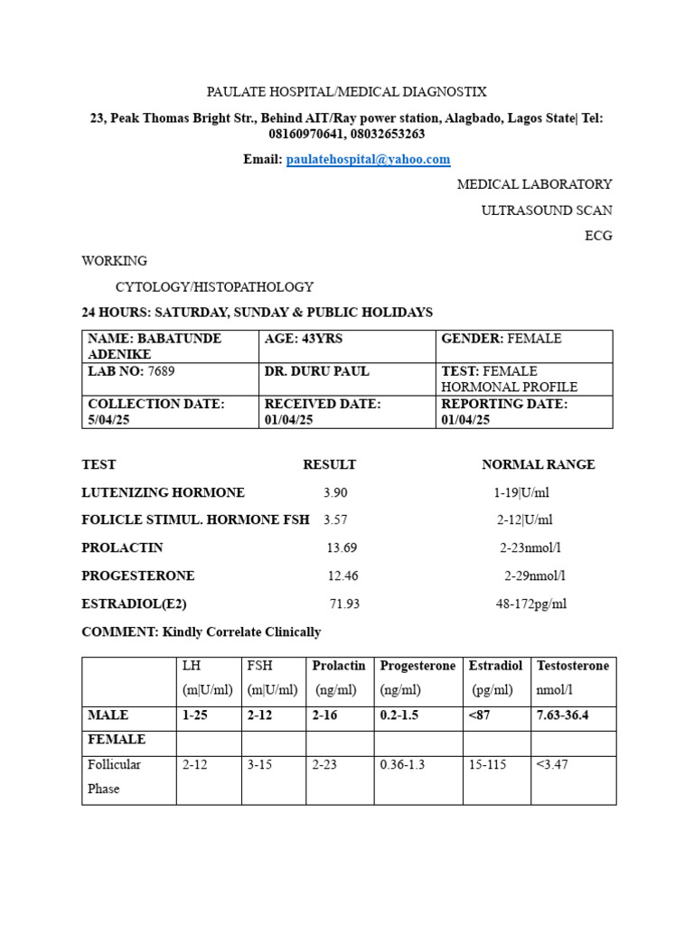 Hormonal Profile Test Results at Paulate | PDF | Luteinizing Hormone ...