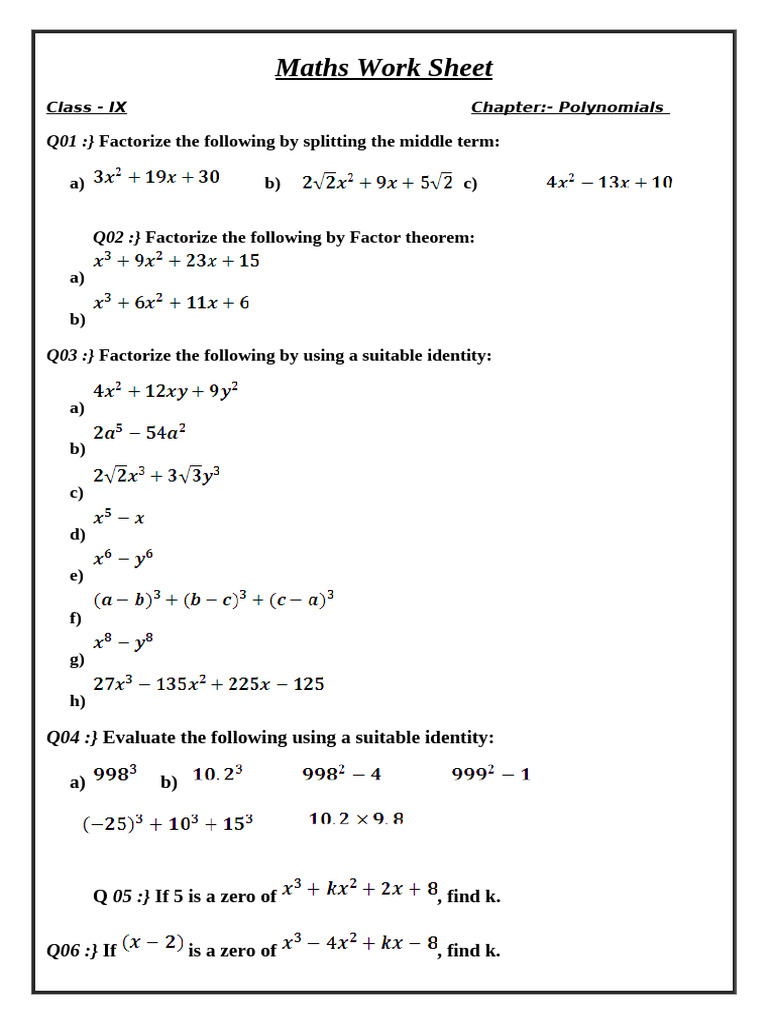 Class 9 Polynomials Factorization Worksheet | PDF