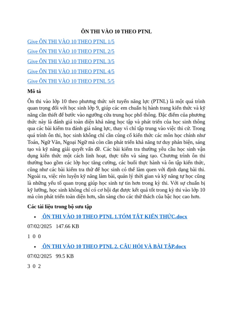 ÔN THI VÀO 10 THEO PTNL FULL Đáp Án | PDF