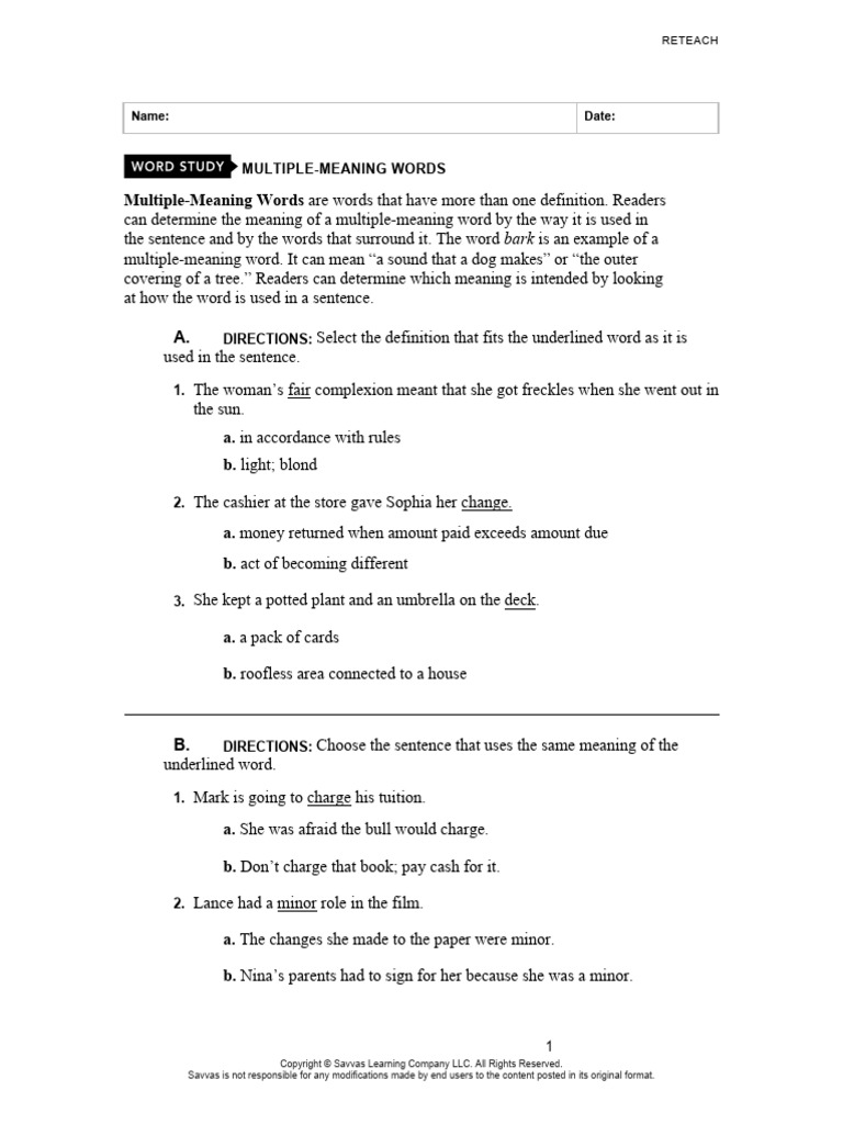 Lesson 6: Myperspectives Reteach - Multiple Meaning Words Handout | PDF