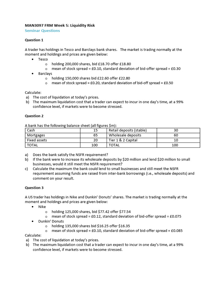 MAN3097 Wk 5 Seminar Qs & MCQs | PDF | Banks | Stocks