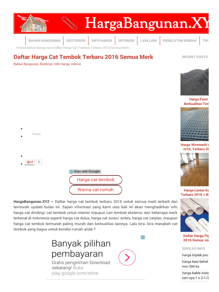 Harga Cat Tembok Terbaru 2023 | PDF