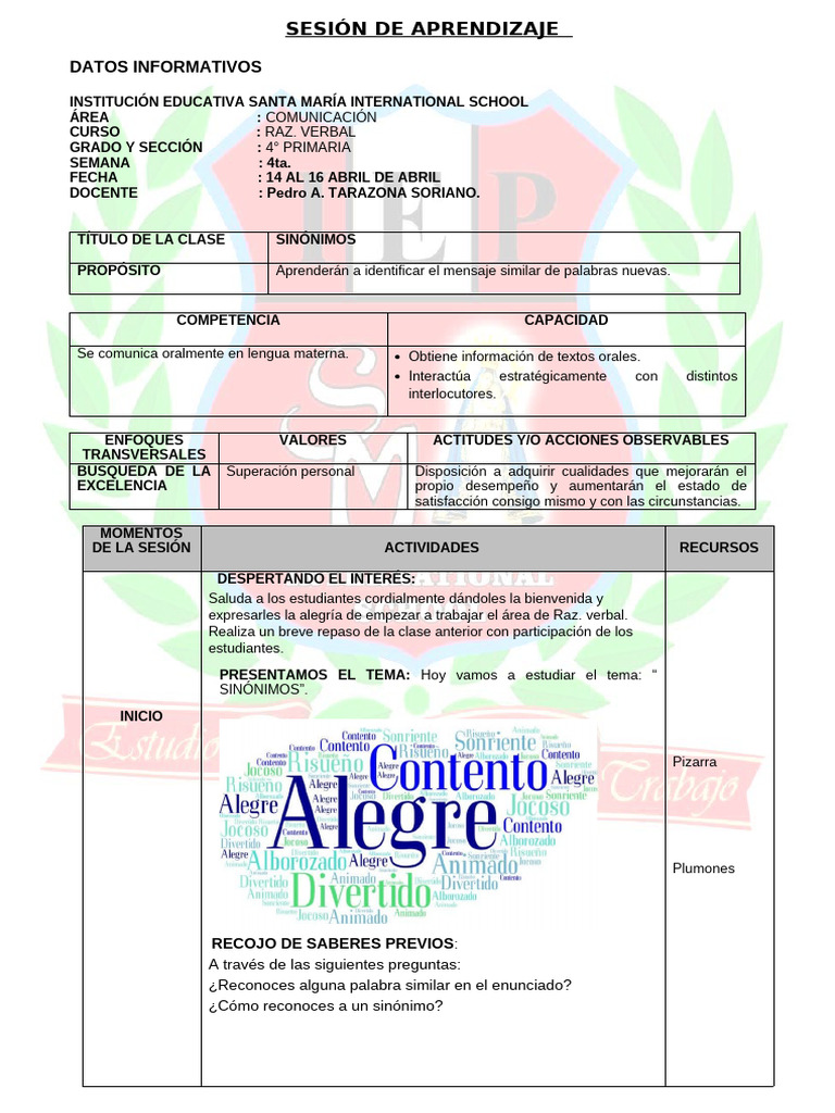 Sesión de Aprendizaje 2025 4° Primaria 14-04 - 2025 - Raz. Verbal | PDF | Salón de clases ...
