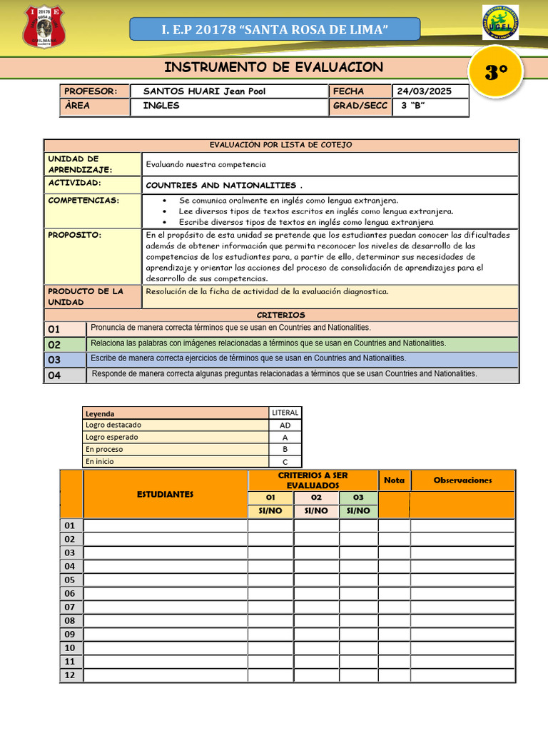 3°lista de Cotejo Actv o - Ingles 2025 | PDF | Evaluación | Aprendizaje