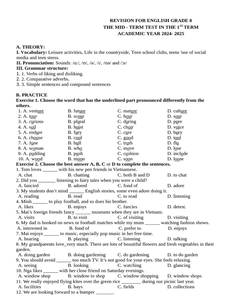 ĐỀ CƯƠNG ÔN GK1 LỚP 8 NH 24-25 | PDF | English Language