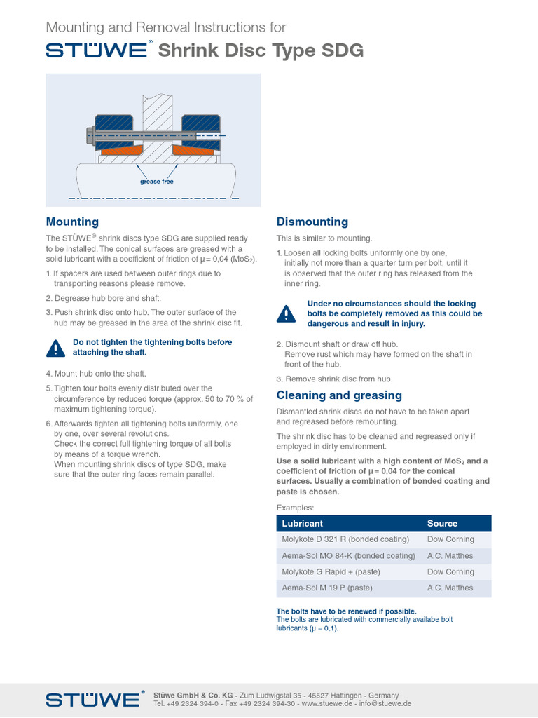 Mounting Instruction - Shrink Disc - Type SDG | PDF | Lubricant ...