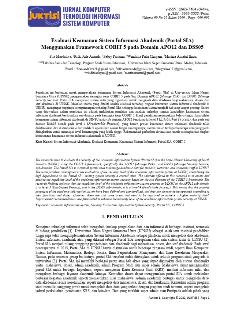 Evaluasi Keamanan Sistem Informasi Akademik (Portal SIA) Menggunakan Framework COBIT 5 Pada ...