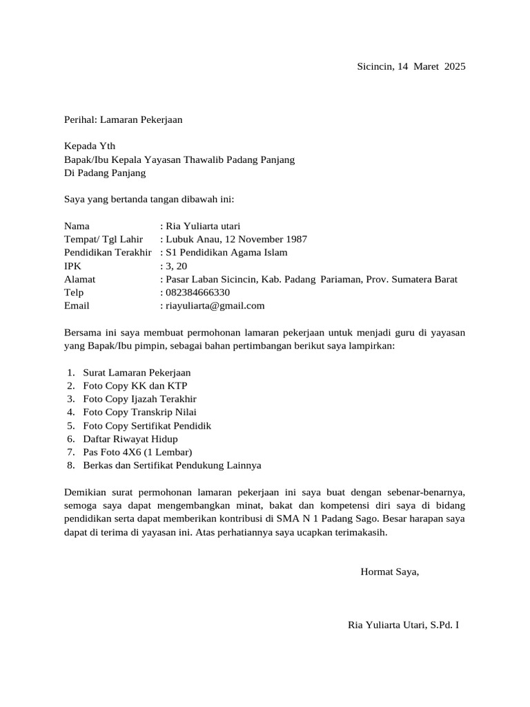 Surat Lamaran Kak Ria | PDF