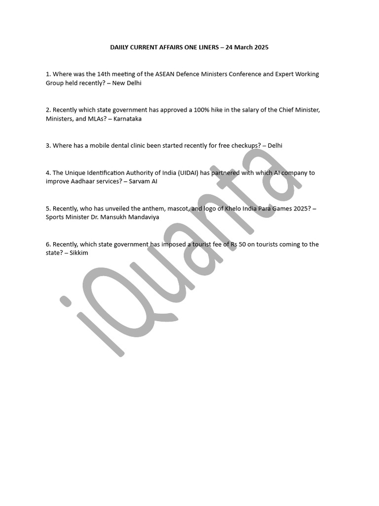 Daiily Current Affairs One Liners | PDF