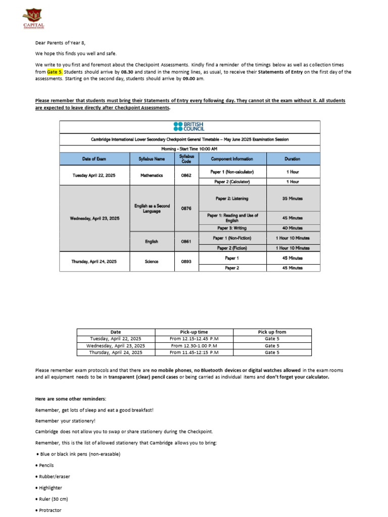 1640181_Lower Secondary Checkpoint Assessment Timetables and Online Sessions 2025 (1) | PDF