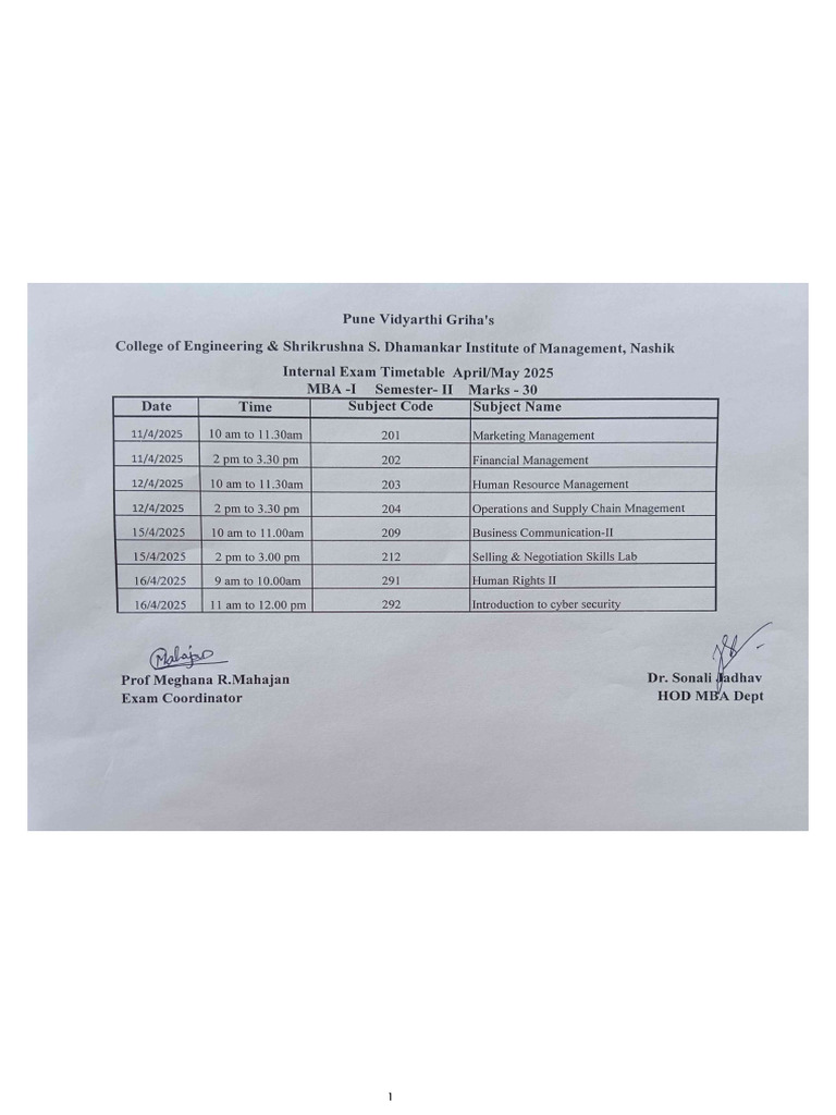 Internal Timetable MBA I | PDF