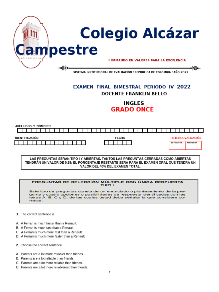 Once Bimestral Ingles Iv Orden I | PDF