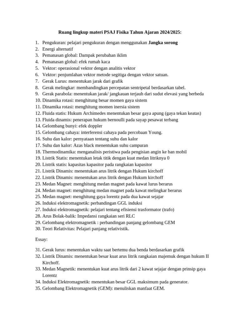 Ruang Lingkup Materi PSAJ Fisika Tahun Ajaran 2024 | PDF