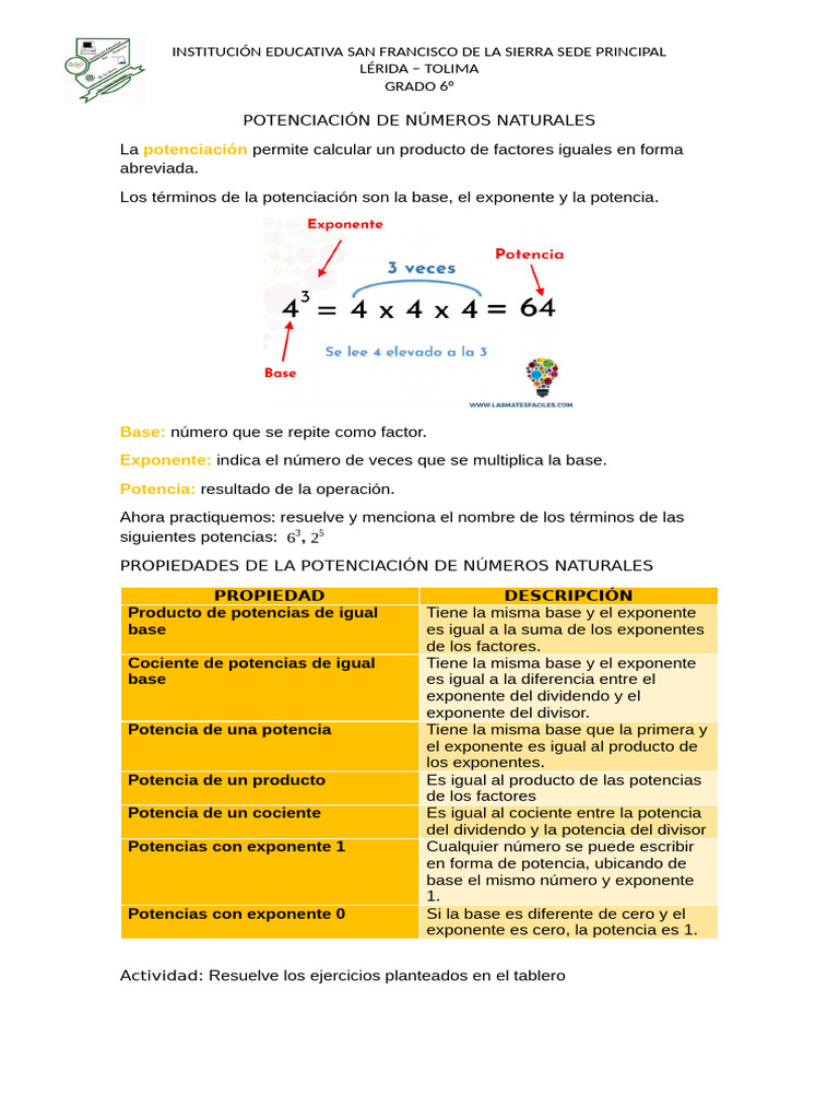 Potenciación y Radicación de Números Naturales 6 | PDF | Exponenciación | División (Matemáticas)
