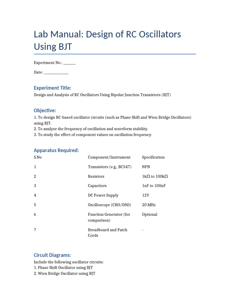 RC Oscillator Design with BJT Guide | PDF | Electronic Oscillator ...