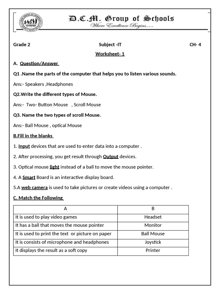 Computer Parts and Input Devices Worksheet | PDF